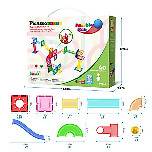 PicassoTiles Marble Run Magnetic Tile Race Track Toy Play Set STEM Building & Learning Early Educational Child Magnet Construction Block Creative Kit Boys & Girls Age 3+ Years Old Toys PTG40
