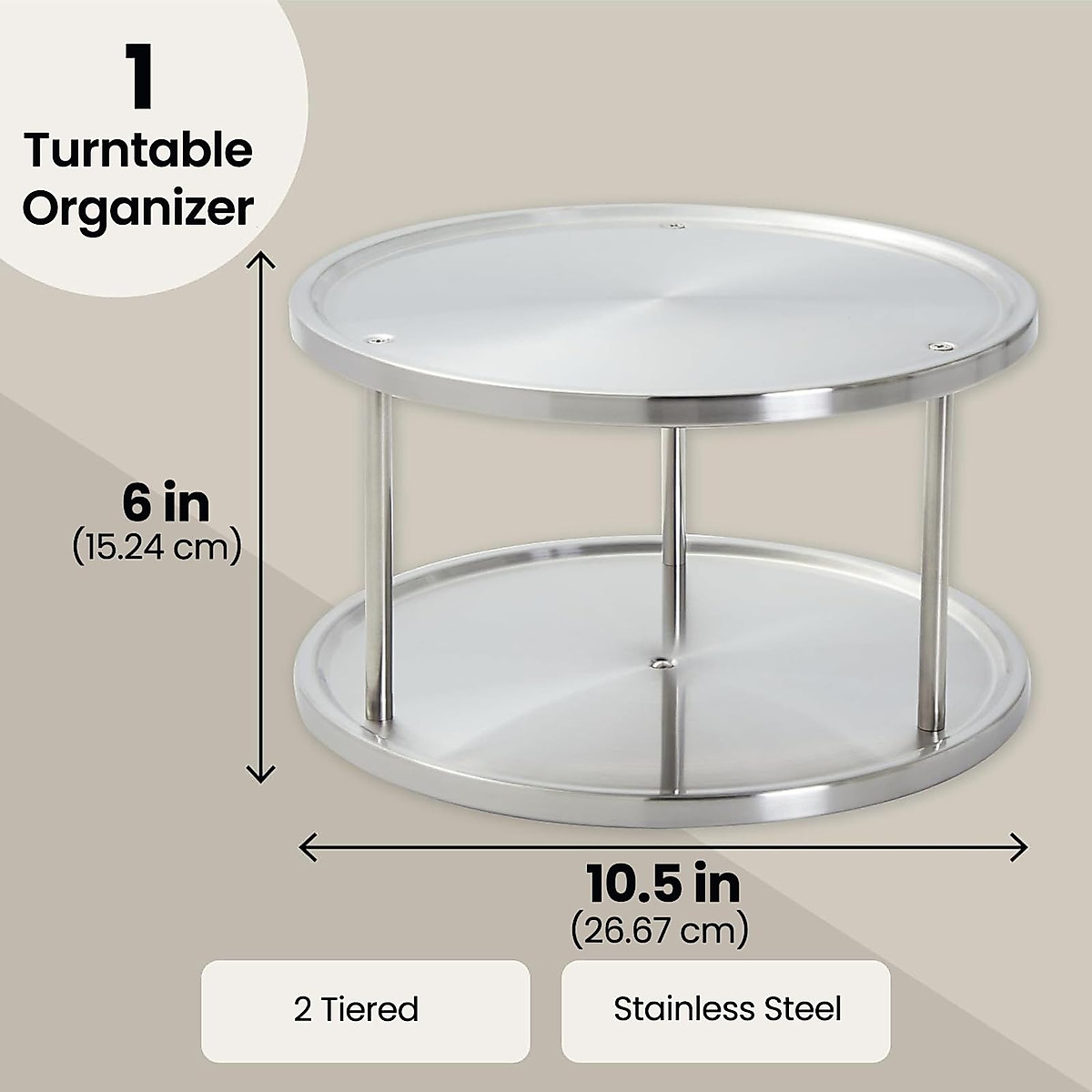 Juvale 2 Tier Lazy Susan Turntable Organizer for Cabinet, Revolving Spice Rack Carousel for Kitchen Pantry Storage, Stainless Steel (10.5 in)