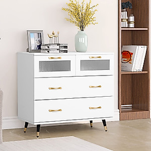 YIGOBUY Small White Dresser, Modern Dresser for Bedroom, 4 Drawer Double Dresser with Wide Drawer and Metal Handles, Wood Dressers & Chests of Drawers for Hallway, Entryway.
