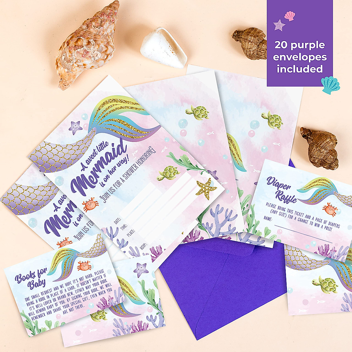Mermaid Baby Shower Invitations with Envelopes Pack of 20 | Mermaid Birthday Invites 5" x 7" Cards - Ideal for Under-the-Sea Party Decorations & Ocean Party Supplies for Girls