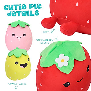 BenBen Strawberry Plush Toy, Set of 3, 12'', 7'' and 6'', Squishy Fruit Stuffed Plushies, Soft Hugging Cushion, Plush Pillow for Girls, Home Decorations, Easter Gifts