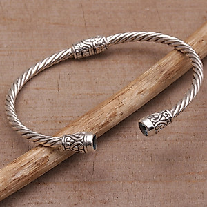 NOVICA Artisan Handmade Blue Topaz Cuff Bracelet Sterling Silver from Bali Indonesia Birthstone [6 in L (end to End) x 0.2 in W] ' Spiral Temple'