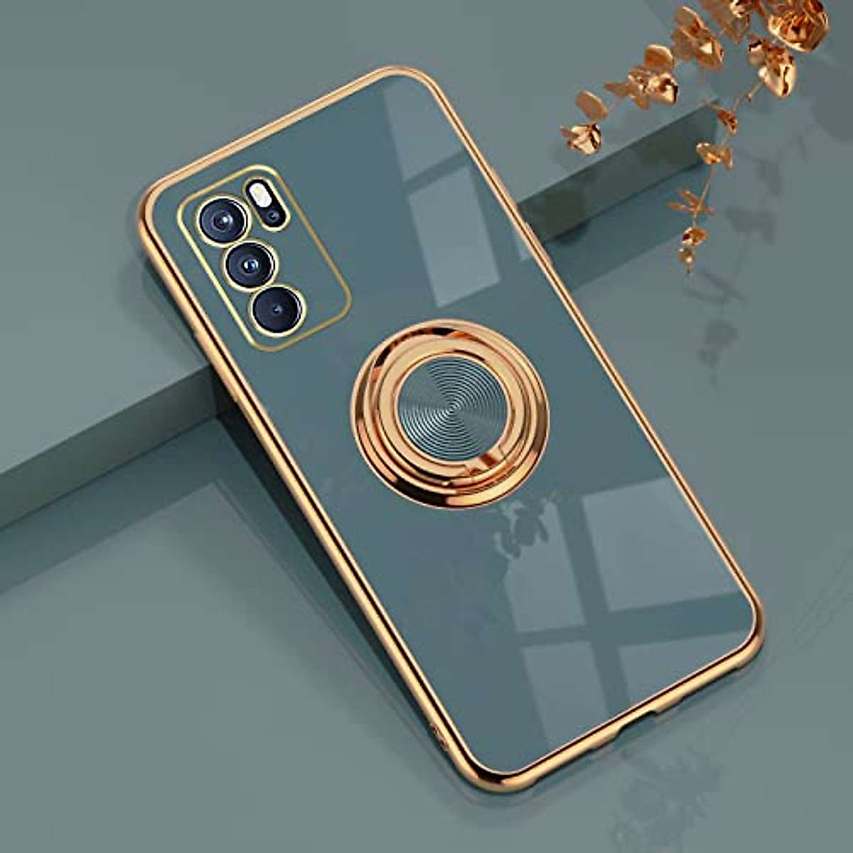 Wousunly Compatible with Oppo Reno 6 5G Case Ring Holder Magnet Green, Oppo Reno 6 5G Phone Case Silicone Shockproof Plate Luxury Slim Cover (Grey)