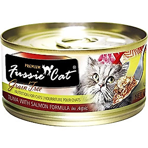 Fussie Cat Premium Canned Grain Free Cat Wet Food - Variety Bundle 4 Flavors Pack with HS Pet Food Bowl (12 Cans) (Tuna & Ocean Fish- Tuna & Salmon - Tuna & Shrimp - Tuna & Chicken) (2.82 Oz)