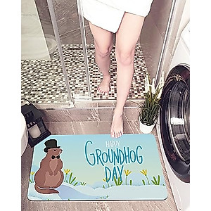 Groundhog Day Bath Mat for Tub,Non Slip Bathroom Floor Runner Rug Quick Dry & Absorbent Diatomaceous Earth Shower Sink Kitchen Living Room Washable Doormat,Spring Blue Forest Green Grass 16"x24"