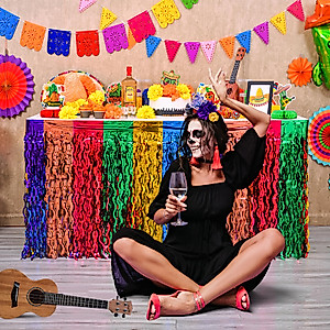 Mega-L Fiesta Party Decorations 2Pack Mexican Wavy Metallic Tinsel Foil Fringe Table Skirt for Dia De Los Muertos Table,Day of The Dead Decorations Perfect for Taco Birthday Party,Cinco de Mayo Decor