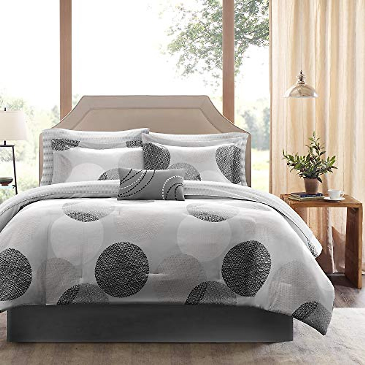 Madison Park Essentials Bed in a Bag Comforter, Vibrant Color Design All Season Down Alternative Cover with Complete Cotton Sheet Set, Queen(90"x90"), Knowles, Circular Grey, 9 Piece