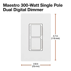 Lutron Maestro Dual Digital Dimmer Switch for Incandescent Bulbs, 300-Watt/Single-Pole, MA-L3L3-WH, White