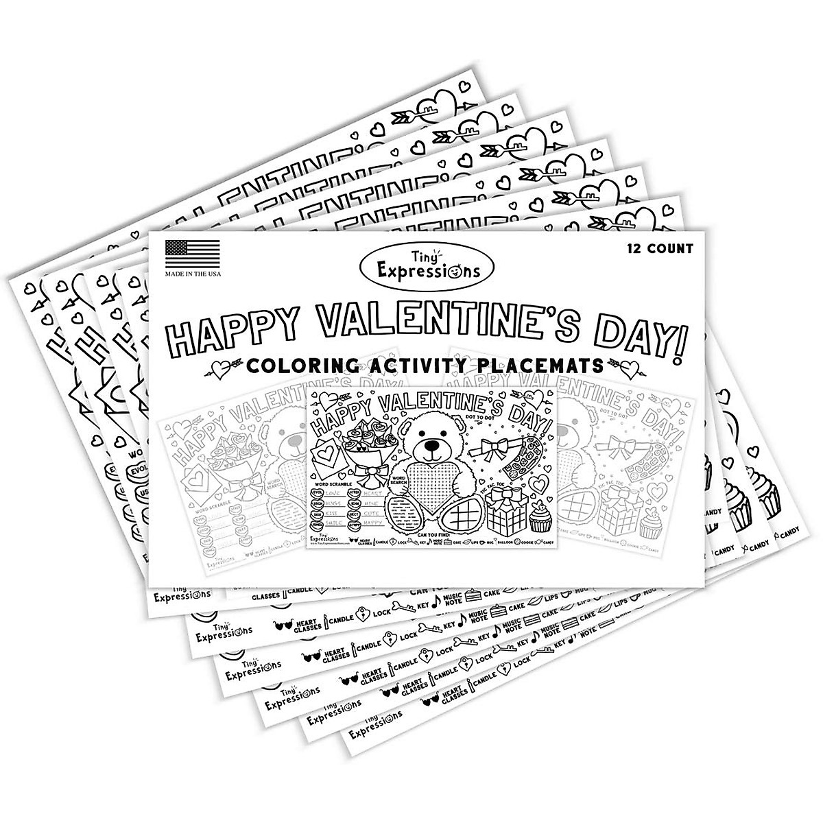 Tiny Expressions - Valentine's Day Coloring Placemats for Kids – Pack of 12 Disposable Paper Mats for Kids Table at Valentines Party, Includes Activities & Games for Kids