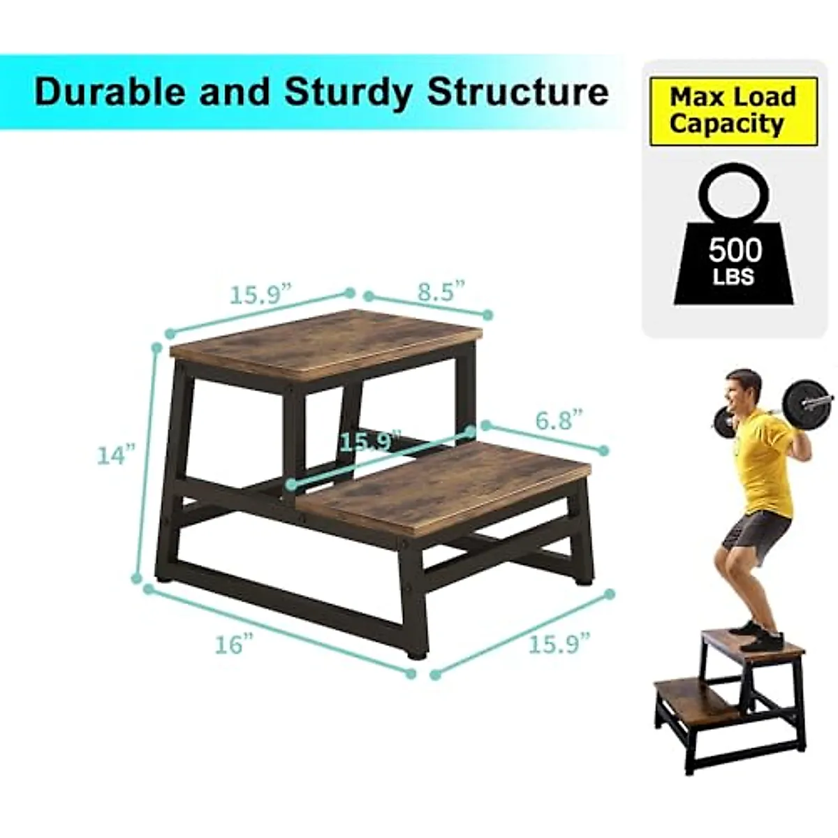 VonDream 2 Tier Step Stools for Adults with Non-Slip Stickers, Heavy Duty Bed Steps for High Beds,Kitchen Step Stool,Wide Wooden Step Stools for Kids, Step Stool for RV