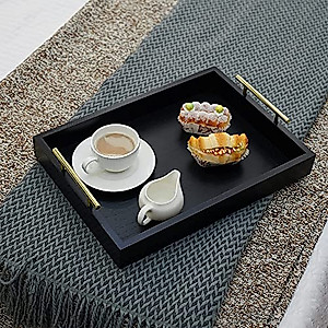 Huibaite Modern Serving Tray, Deluxe Tray for Coffee Table with Polished Gold Metal Handles and 2 Coasters, Living Room Bathroom Organizer Modern Decorative Tray, for Storage Or Display (Black)