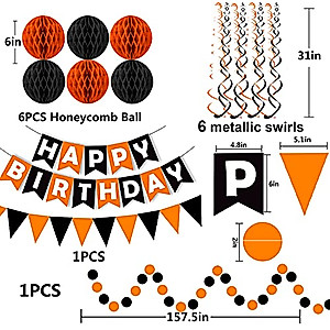 Fecedy Black Orange Happy Birthday Banner Paper Triangle Flag Bunting Circle Confetti Dots Hanging Garland and Honeycomb Ball Swirl Streamers for Birthday Baby Shower Halloween Party Decoration