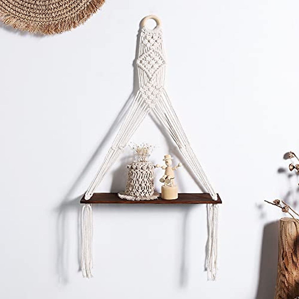 Macrame Wall Hanging Shelf, Rope Hanging Shelves for Wall, Bedroom Shelves,Boho Rustic Decor Cute 1 Tier Cotton Rope for Bedroom Bathroom Living Room