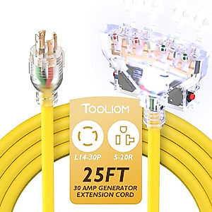 TOOLIOM Generator Extension Power Cord 25 Feet NEMA L14-30P to Four 5-20R/5-15R 30A 125/250 Volt 7500 Watts 4 Prong 10 Gauge Fan-Style Generator Cable with Protector Breaker