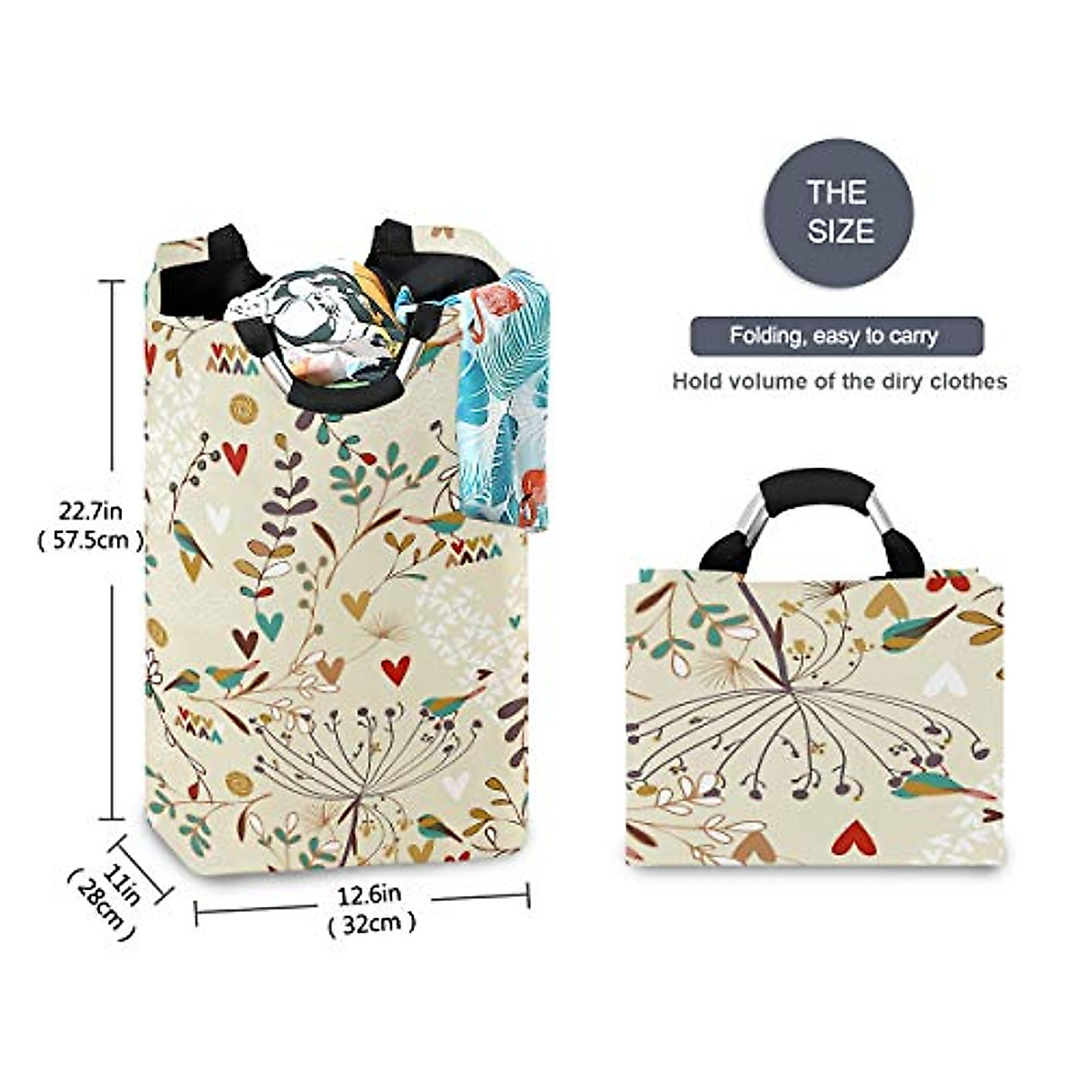Qilmy 22.7’’ Floral Bird Waterproof Foldable Laundry Hamper, Dirty Clothes Laundry Basket, Storage Organizer for Toy Collection