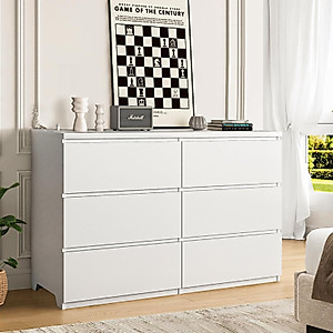 UZUGUL White Dresser for Bedroom, 48'' Modern 6 Drawer Dresser with Deep Drawer,Storage Chest of Drawer, Wood Dresser,Bedroom Dresser Furniture,TV Dresser for Living Room
