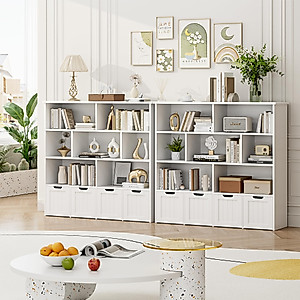 FINETONES Toy Storage Organizer, Large Toy Organizers and Storage with 4 Movable Drawers and 7 Storage Cubbies, Toy Chest Shelf Organizer with Hidden Wheels, Kids Bookshelf and Toy Storage