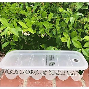Plastic Egg Storage Containers with Lids and Custom Messages designed to make you smile! Great Gift! (Wicked Chickens lay Deviled Eggs)