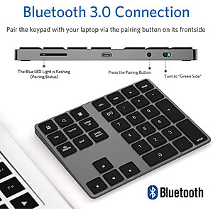 JOYEKY Bluetooth Number Pad, Wireless Numeric Keypad, USB-C Rechargeable External 34-Keys Numpad, Financial Data Entry Keyboard for iMac, MacBook Air/Pro, PC Desktop, Laptop Notebook