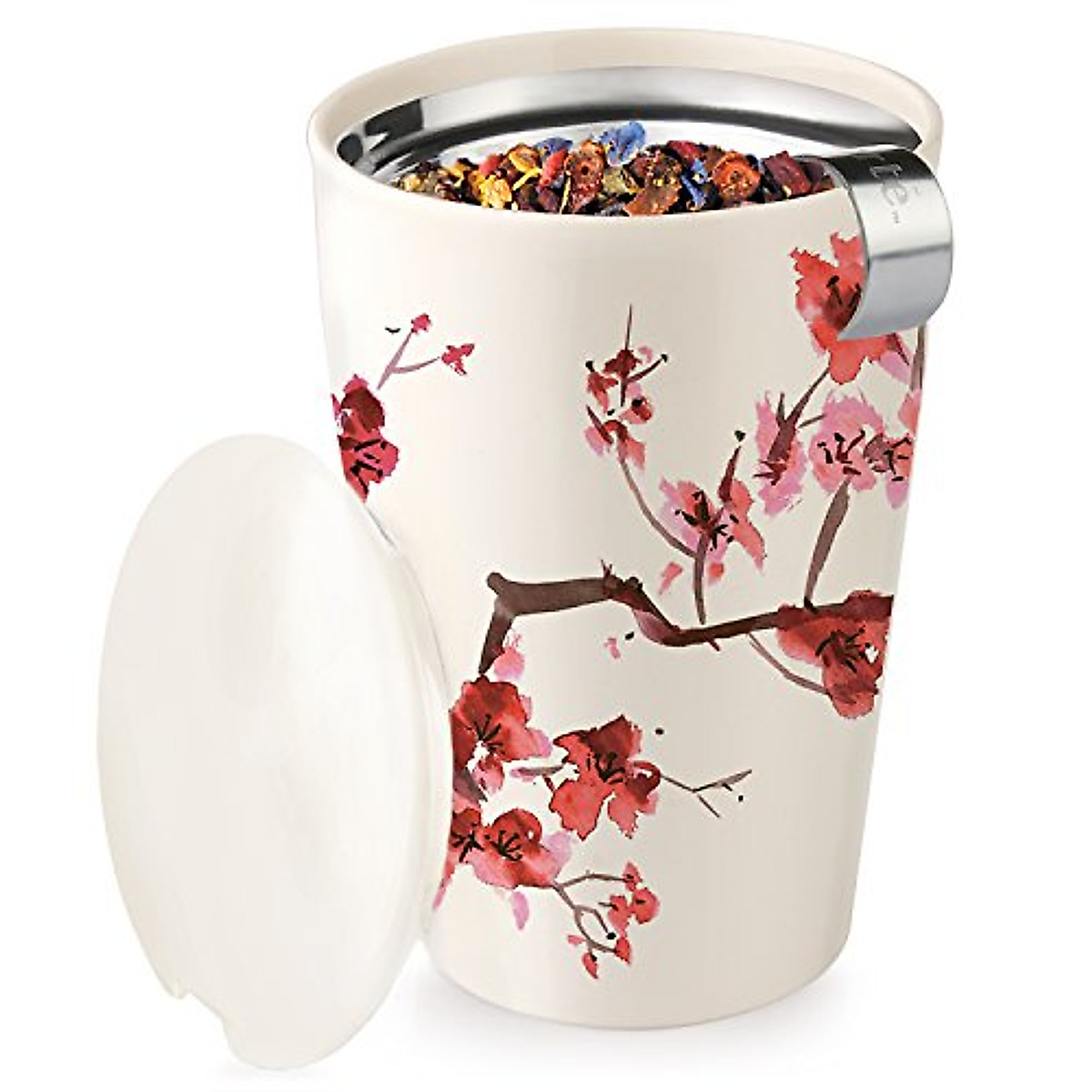 Tea Forte Kati Cup Cherry Blossoms, Ceramic Tea Infuser Cup with Infuser Basket and Lid for Steeping Loose Leaf Tea