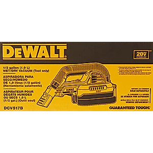 DEWALT 20V MAX Cordless Vacuum, Wet/Dry, Portable, 1/2-Gallon, Tool Only (DCV517B) , Black