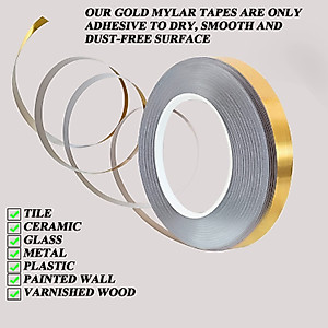 Gold Metalized Polyester Mylar Film Tape with Acrylic Adhesive, Vibrant Mirror-Like Finish, Gold Decor Tape for Detailing Accent Wall, Graphic Arts, Other DIY Project Design (0.4 inch x 55 yds)