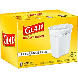 Glad Medium Drawstring Trash Bags, 8 Gallon, White, Fragrance Free, 80 Count, Pack May Vary