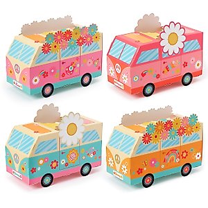 ANGOLIO 12Pcs Groovy Party Favor Boxes Groovy Hippie Peace Bus Centerpiece Birthday Party Decorations Peace Signs Daisies Rainbows For Baby Girls Kids Boho Hippie Birthday Party Supplies