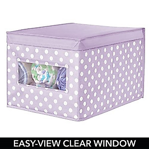 mDesign Large Soft Stackable Fabric Baby Nursery Storage Organizer Holder Bin Box with Front Window and Lid for Child/Kids Bedroom, Playroom, Classroom - 2 Pack, Light Wisteria Purple/White Polka Dot