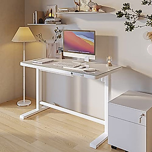 AITERMINAL Glass Standing Desk with Drawer, Electric Height Adjustable Home Office Desk with Storage & USB Ports, 45 x 23 Inch Tempered Glass Tabletop (White)