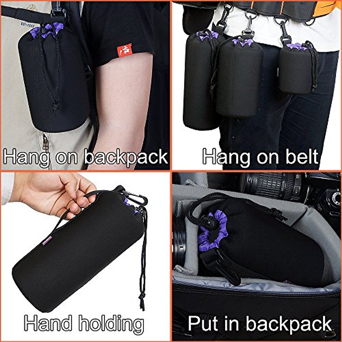 CADeN Lens Pouch Set 4 Pack Replacement Compatible for Canon, Nikon, Sony, Pentax, Olympus (Small, Medium, Large, X Large) Camera Lens Case Bag Thick Protective Neoprene Pouch Soft Plush for DSLR Lens