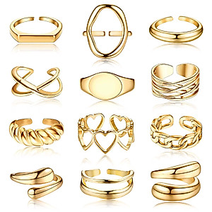 FIBO STEEL 12PCS Gold Dome Chunky Rings for Women, 18K Gold Plated Croissant, Braided Twisted, Stacking Round Signet, Adjustable Open Styles (Gold)