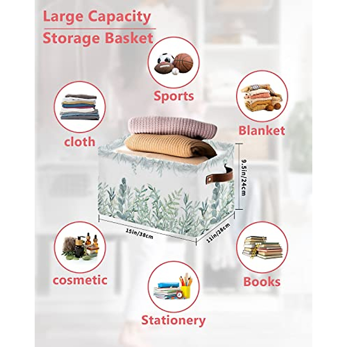 ARTtikke Storage Bins Clothes Organizer Sage Green Blue Leaves Spring Storage Cubes Bin with Handles,Foldable Storage Boxes for Closet,Storage Basket for Organizing Shelves 15x11x9.5 inch