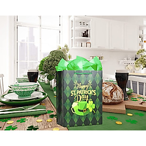 D4DREAM Happy St Patrick's Day Gift Bags 11.5" Large Green Buffalo Plaid Gift Bag with Tissue Paper St. Patricks Day Gift Wrapping Bag with Handle for Kids Classroom Party Favor Supplies