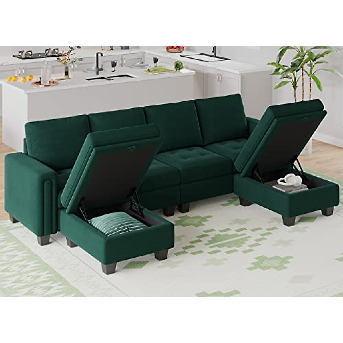 Belffin Velvet U Shaped Sectional Sofa Couch with Storage Ottoman Convertibel Sectional Sofa with Reversible Chaises Green