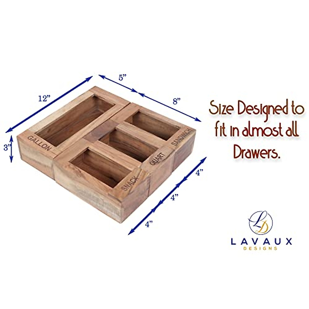 Lavaux Designs acacia wood Ziplock bag organizer Set of 4 boxes | Compatible with Ziploc, Solimo, Hefty, Glad for gallon, quart, sandwich bags & snack size ziplocks | kitchen organization and storage