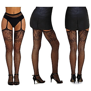 SOUTHRO 5 Pairs Women Fishnet Thigh High Stockings with Garter Belt - Suspender Pantyhose Patterned Tights Stockings for Women