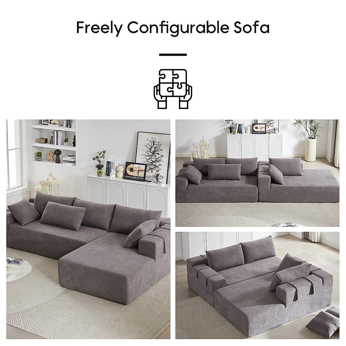 Yoglad Modern L-Shape Sectional Upholstery Sofa with Freedom Combination Living Room Sofa, Comfy Deep Seat Floor Furniture with 6 Pillows for Living Room, Office (Face The Right Chenille Grey Sofa)
