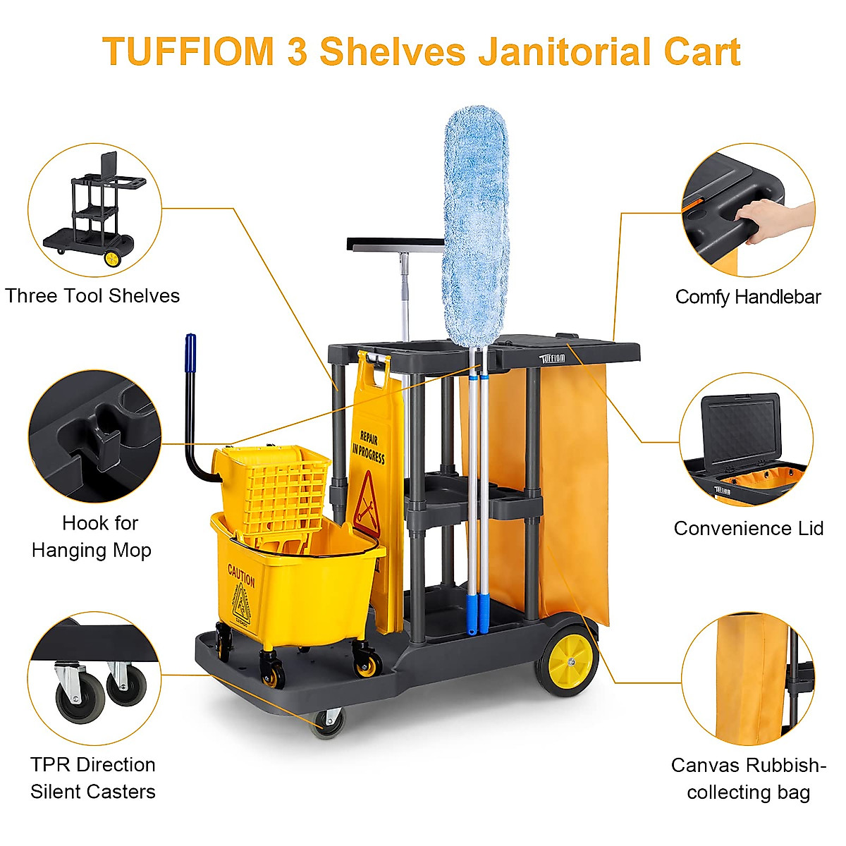 TUFFIOM Commercial Traditional Cleaning Janitorial 3-Shelf Cart, 500 Lbs Capacity Housekeeping Cart, 42.5" L x 18.7" W x 37.6" H, Wheeled with 22 Gallon Yellow VinylBag and Cover w Lid, Black