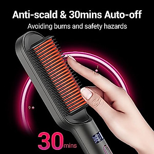 Hair Straightener Brush-Negative Ion Hair Straightener Styling Comb, 9 Temps 30s Fast Heat Straightening Brush with Hot Comb&Led Display, Straightening Comb for Women Curl, Auto Off&Anti Scald-Gray