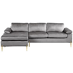 Devion Furniture Modern Velvet Sectional Sofa in Gray/Gold Legs