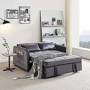 Antetek 3-in-1 Sleeper Sofa Bed w/USB Port, Modern Convertible Tufted Velvet Upholstered Pull Out Futon Couch, 55.5" W Small Loveseat Sofa for Office Living Room Small Space, Grey