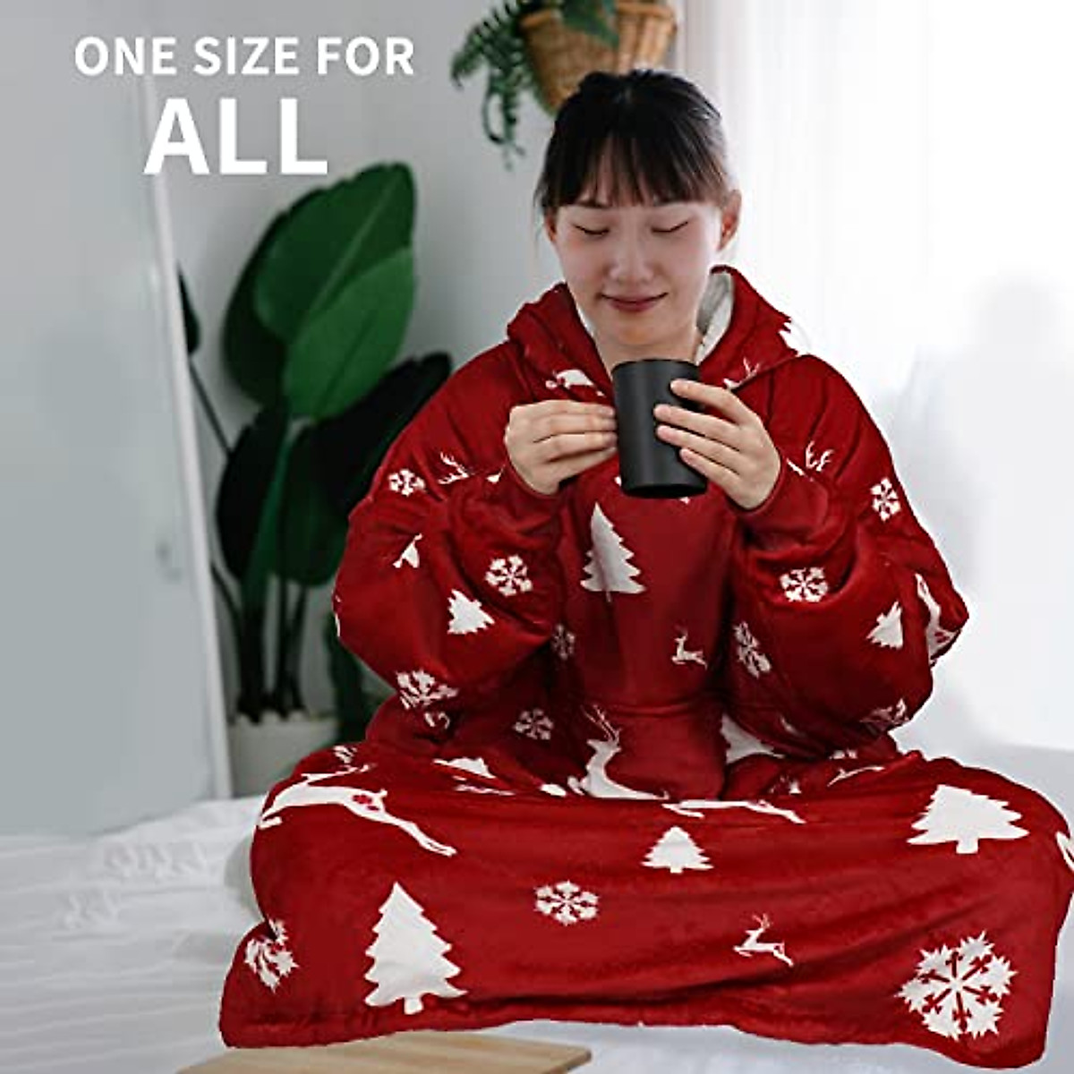 Fleedy Christmas Wearable Blanket Hoodie for Women Men, Soft Warm Cozy Oversized Sherpa Hooded Blanket for Adults with Pockets