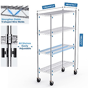 Luxspire Wire Shelving Unit with Wheels, 2400LB Heavy Duty NSF Commercial-Grade Adjustable Storage Shelves, Metal Shelving Utility Rack, Kitchen Garage Organizer Shelf Rack,4-Tier 48x18x72 in, Chrome