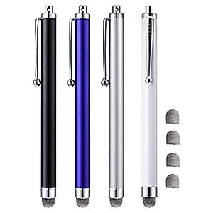 CCIVV Stylus, 4 Pcs 5.0 Inches Hybrid Mesh Fiber Tip Stylus Pens for Touch Screen, Compatible with iPad, iPhone, Kindle Fire + 4 Extra Replaceable Hybrid Fiber Tips (White, Black, Silver, Blue)