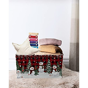 Storage Bins Large Storage Basket,Christmas Snowman and Tree in Snow Collapsible Storage Bins with Handle,Red and Black Buffalo Plaid Storage Baskets Cube Organizer for Shelves Closet Nursery 1PCS