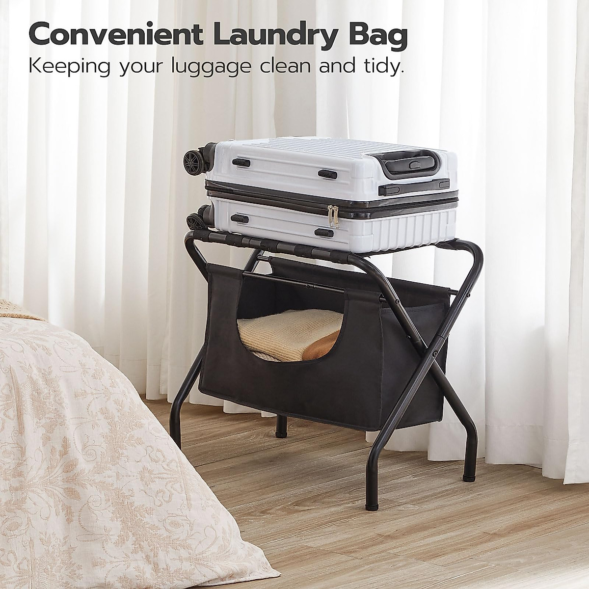 HOOBRO Luggage Rack with Laundry Bag, Pack of 2, Folding Suitcase Stand for Guest Room, 26.8" L x 15" W x 22" H, Suitcase Holder with Oxford Bag, Cloakroom, Bedroom, Hotel, Black BK06XLP201G1