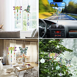 3 Pieces DIY Diamond Painting Suncatcher Wind Chimes, 5D Double Sided Hanging Diamond Art Wind Chime Painting Ornaments with Crystal Pendant for Home Garden Decoration Adults Kids Gift