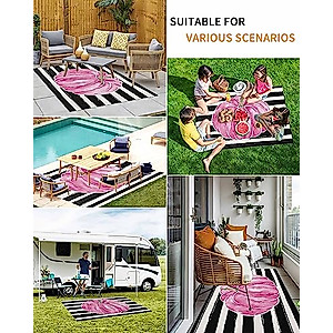 Outdoor Rug 4' x 6', Thanksgiving Fall Large Area Rugs for Patio/RV/Deck/Porch/Indoors, Black and White Striped Pink Pumpkin Water Absorption Camping Rug Carpet, Lightweight Washable Rug Runners