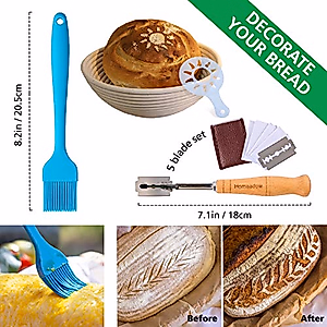 HOMEADOW Banneton Bread Proofing Basket For Rising Dough- 8 Pcs Kit: 10 inch Oval Brotform, Linen Liner, Bread Lame, Bench Scraper, Dough Scraper, Stencils, Silicone Baking Mat, Bread Bag | Sourdough